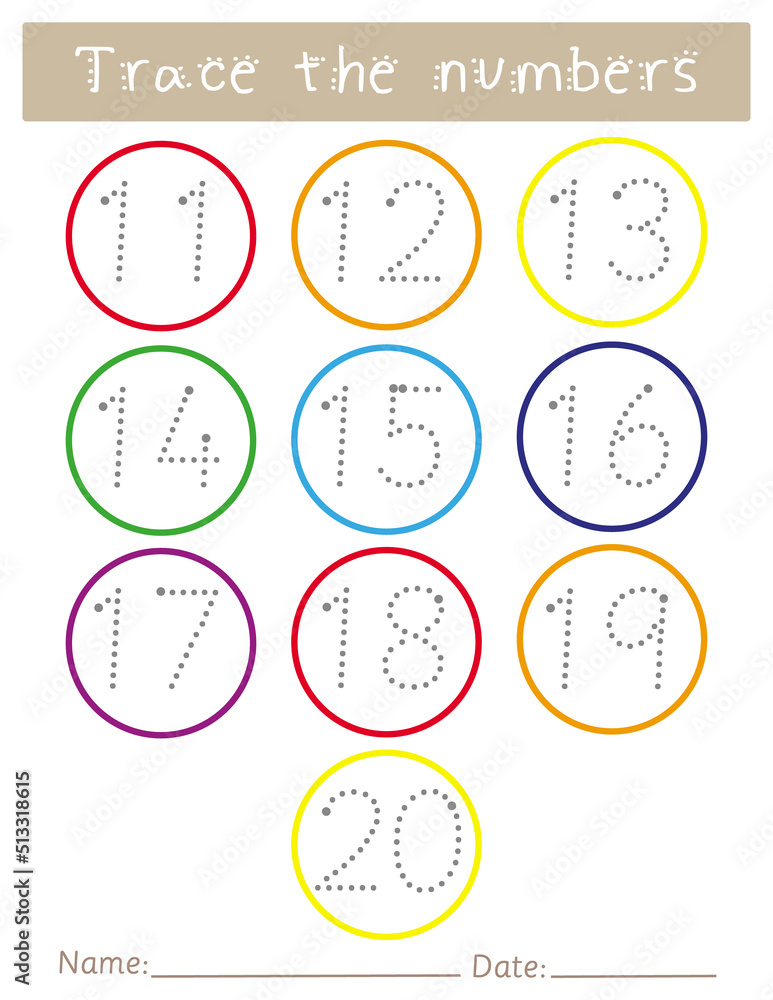 Trace the numbers worksheet for kids, numbers 11 to 20, tracing ...