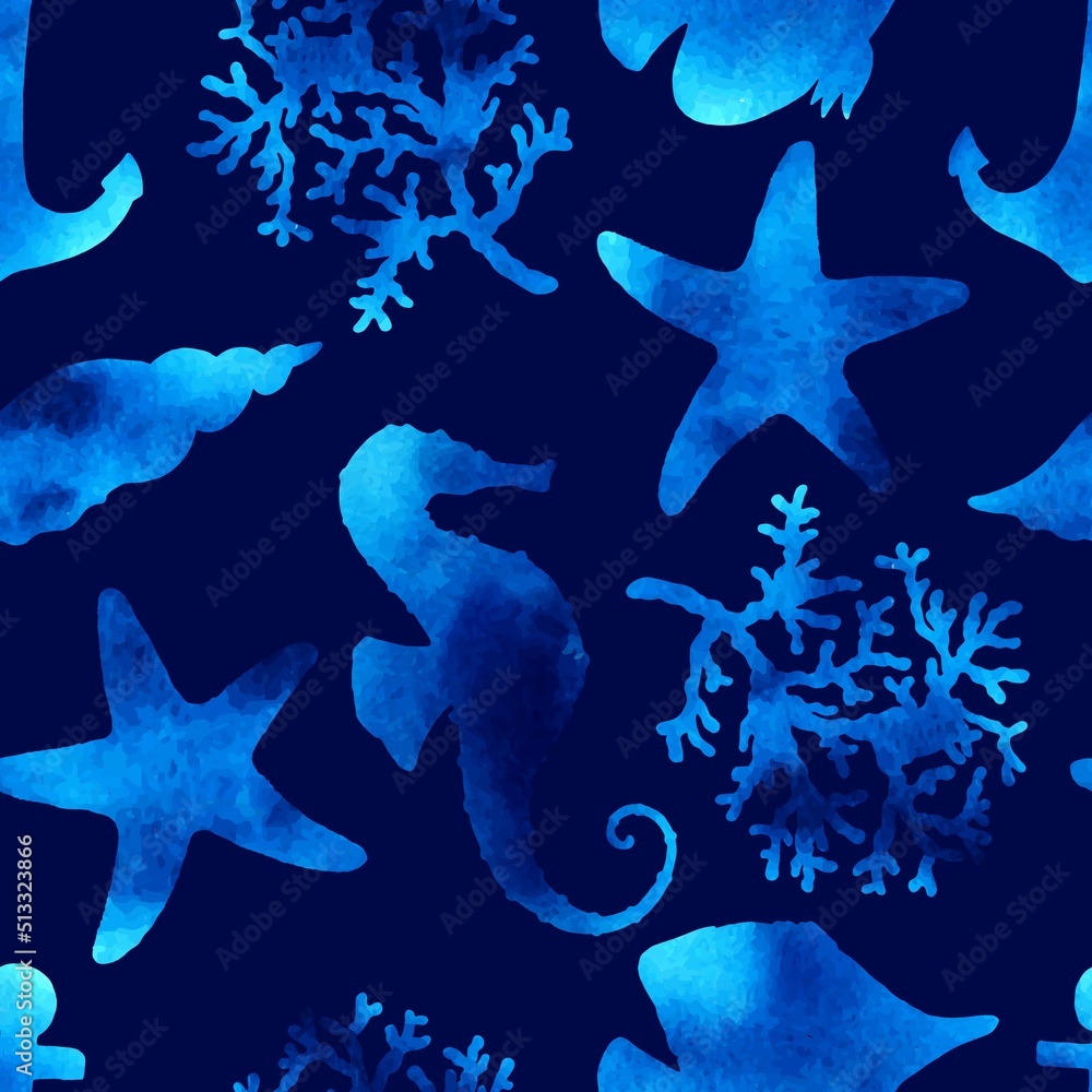 Seamless underwater pattern with blue watercolor texture. Fish, sea ...