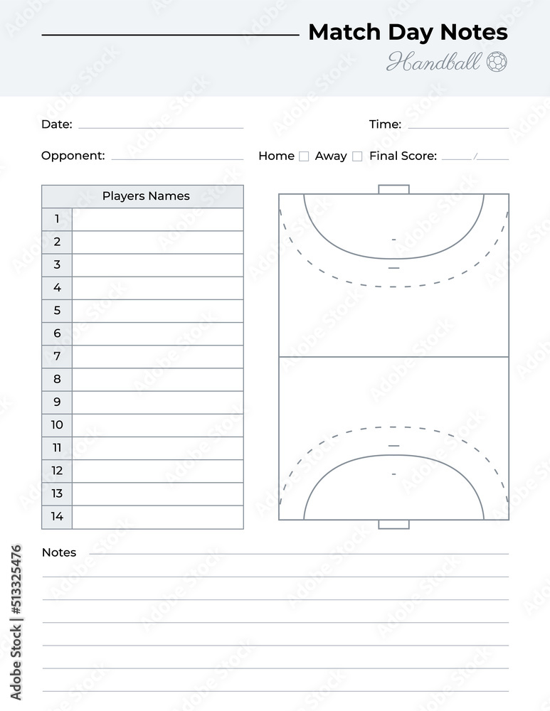 Matchday notes log with handball field diagram Stock Vector | Adobe Stock