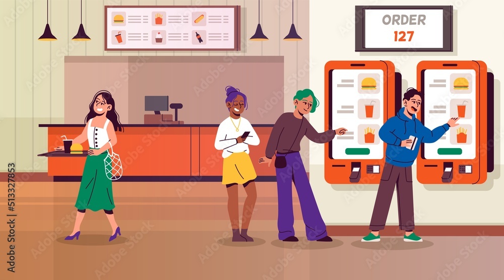 Cafe self service people. Restaurant electronic menu, food ordering ...