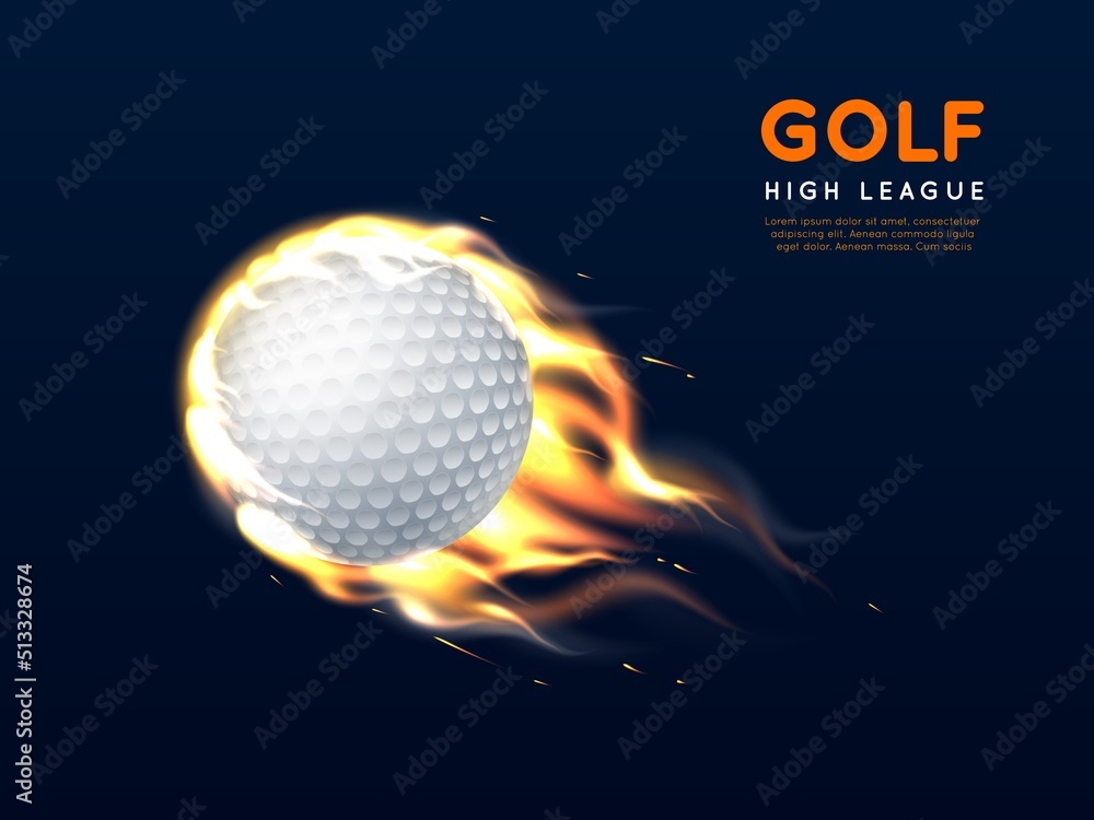 Golf ball in fire. Realistic flying white ball with flame, burning ...