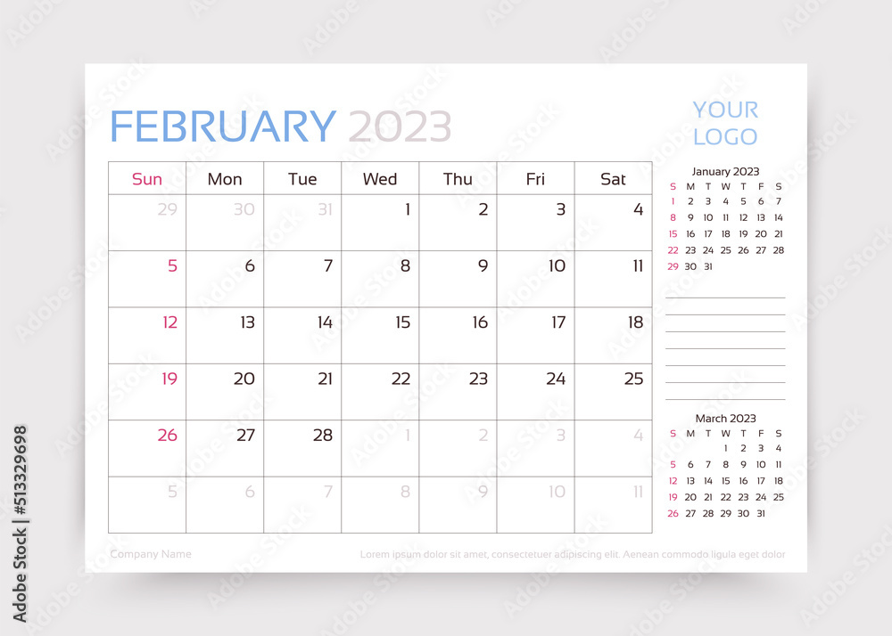 February 2023 year calendar. Planner calender layout. Week starts ...