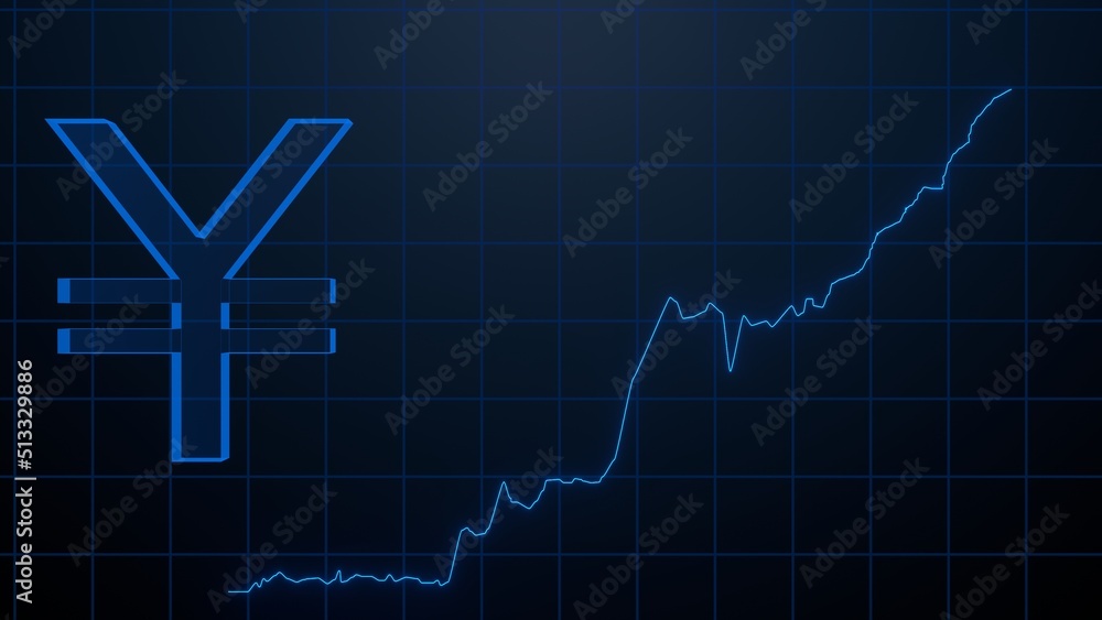 Modern Japanese Yen or Chinese Yuan sign hologram with chart going up. Digital currency concept ...