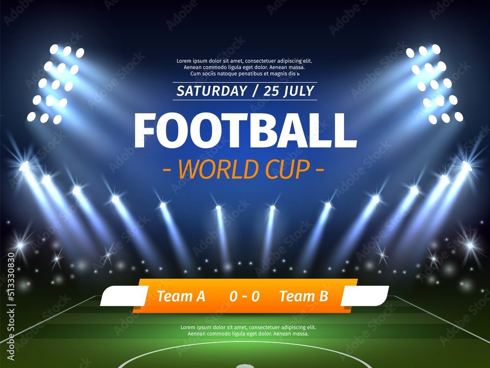 Stadium lights poster. Football match invitation banner, sport ...