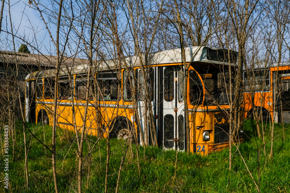 abandoned school bus tram bus depot Stock Photo | Adobe Stock