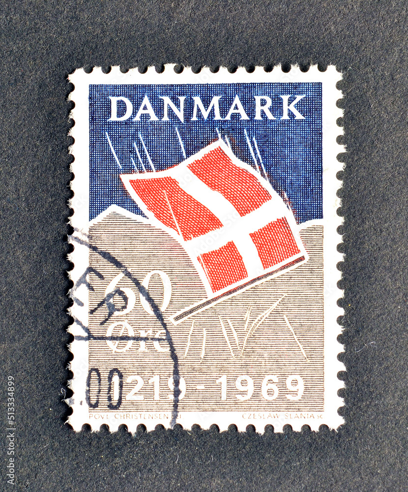 Cancelled postage stamp printed by Denmark, that shows Fall of Danish ...