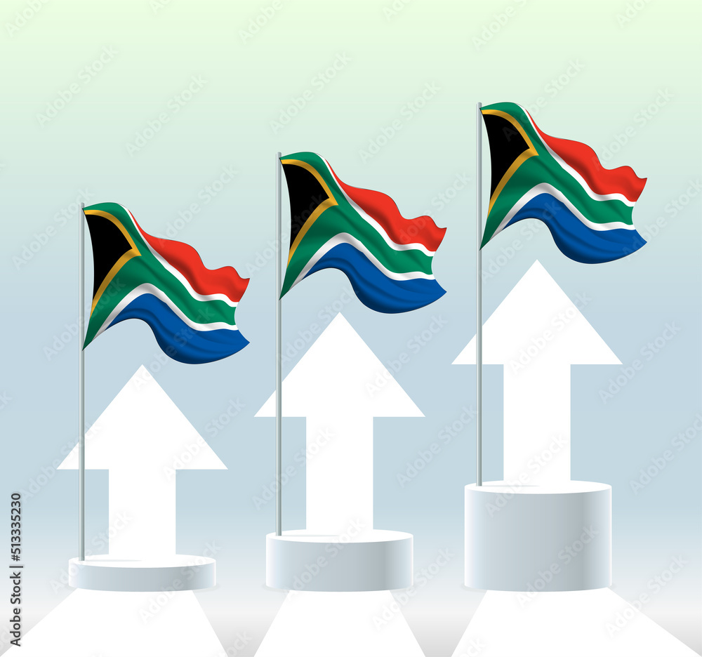 South Africa flag. The country is in an uptrend. Waving flagpole in ...
