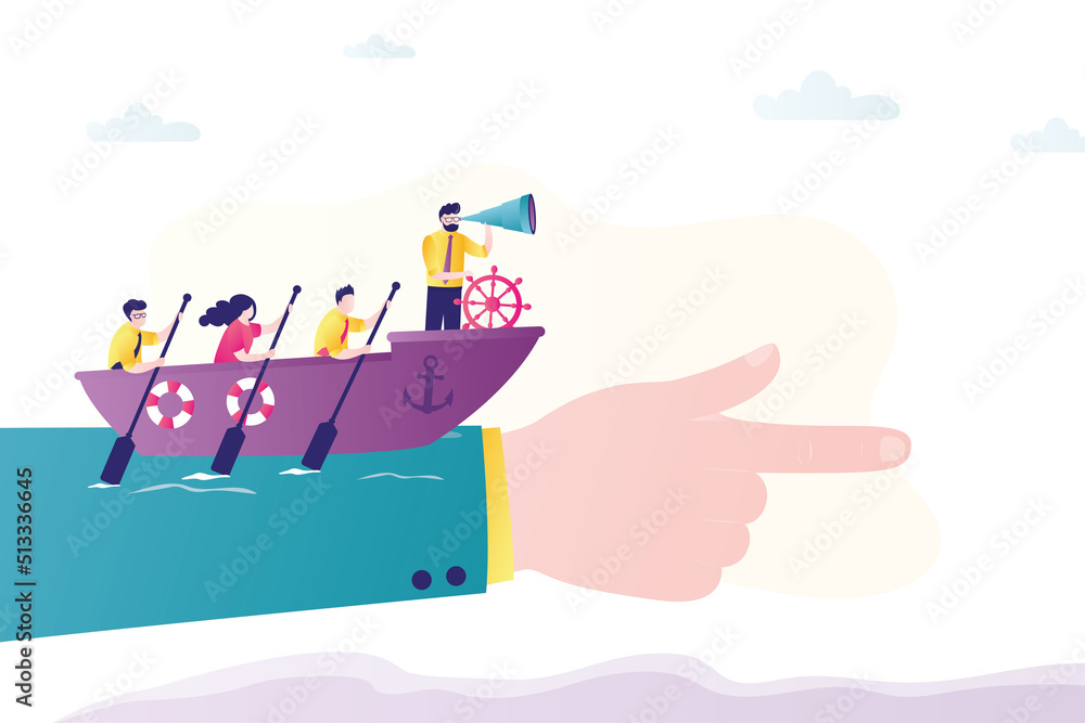 Business team is sailing on boat. Big hand give right direction ...