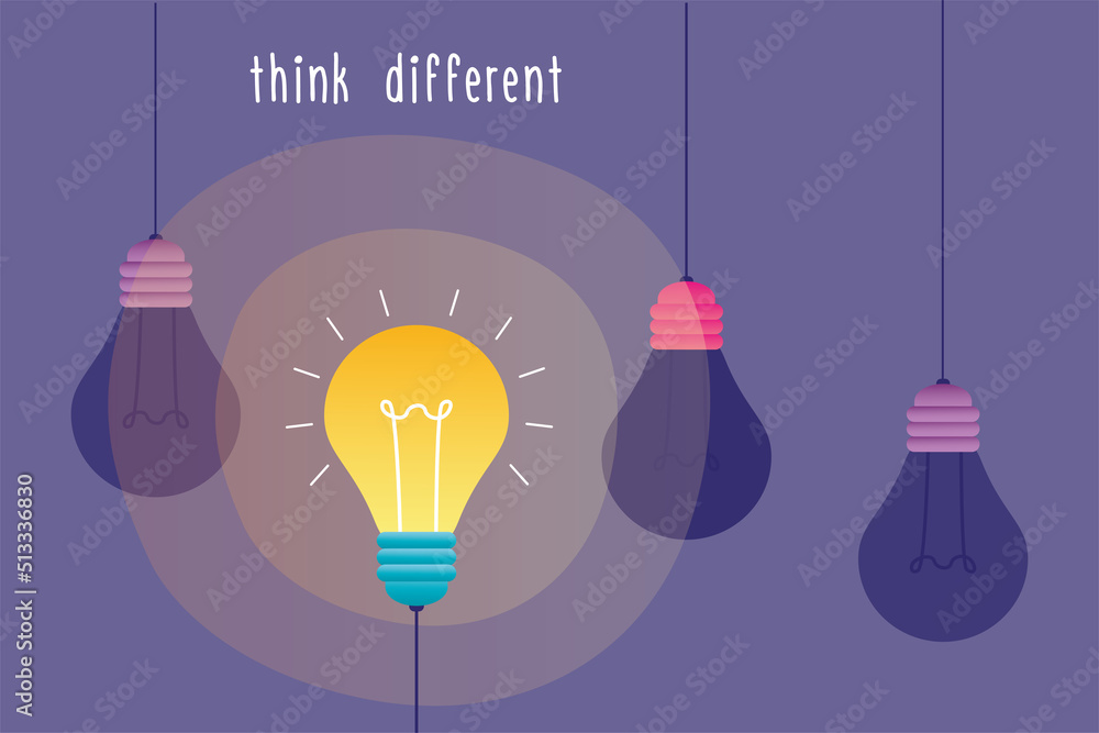 Think different, concept banner. One luminous bulb among extinct ones ...