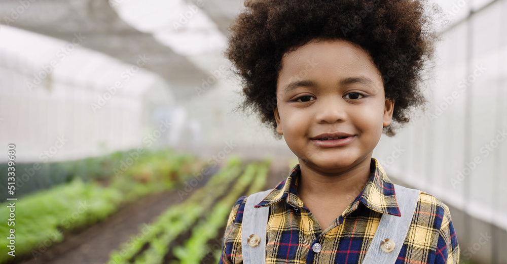 Portrait of happy African American farmer child boy with afro hairstyle ...