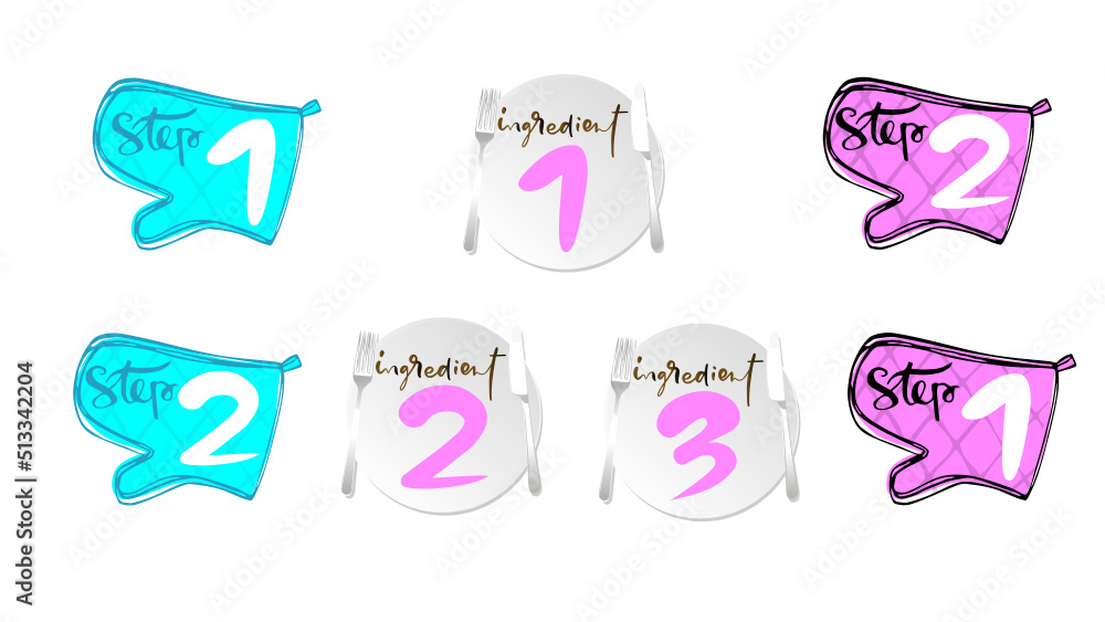Recipe and cooking icons, showing ingredients and steps, with number 1 ...