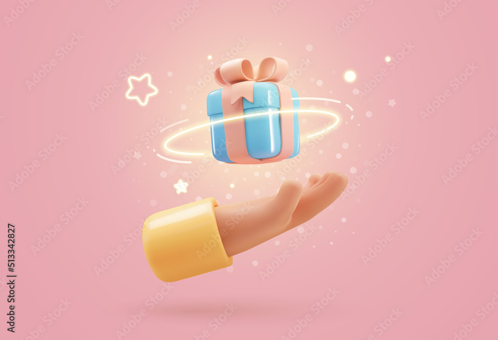 3d vector cartoon human hand giving magic gift box with light effect ...