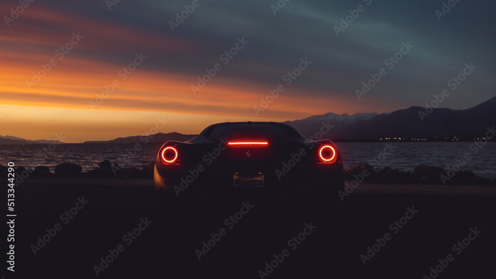 Los Angeles, USA - August 2021: supercar Ferrari 488 GTB on the sunset ...