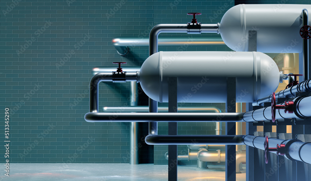 Gas equipment in room. Propane gas supply. White tanks to supply ...