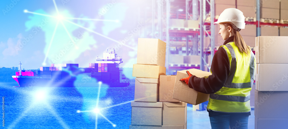 Maritime logistics. Container ship next to woman logistician ...