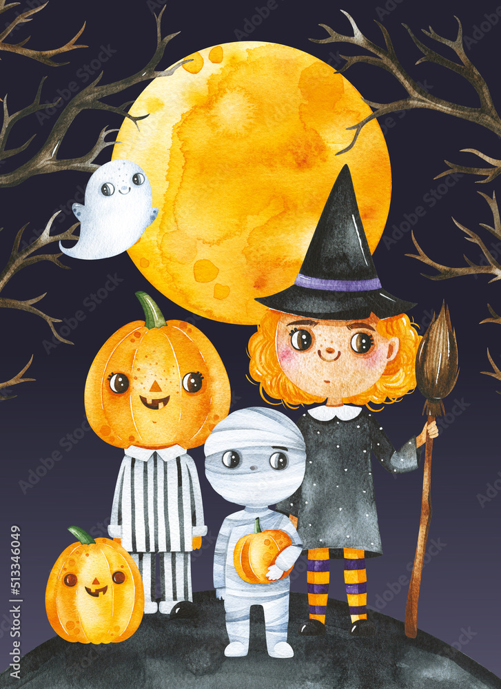 Cute watercolor Halloween collection.Illustration with characters ...