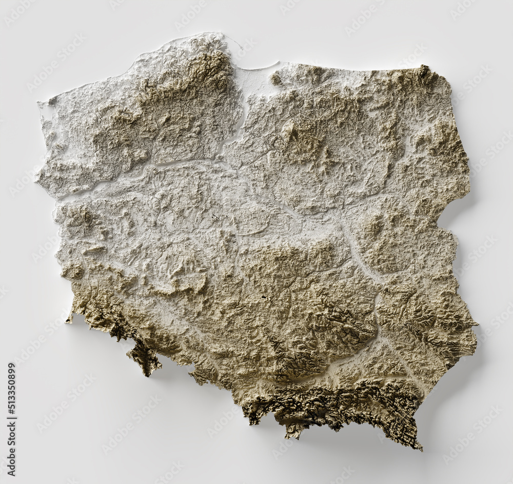 Shaded relief map with vertical exaggeration of Poland. Created of ...