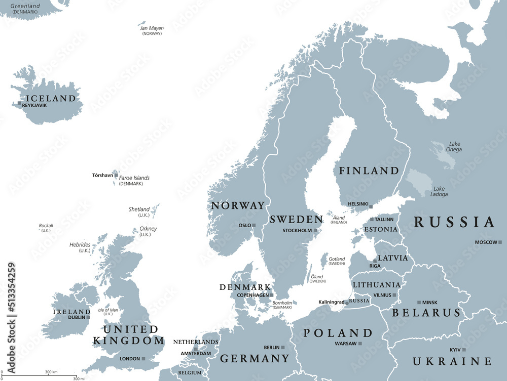 Northern Europe, gray political map. British Isles, Fennoscandia ...