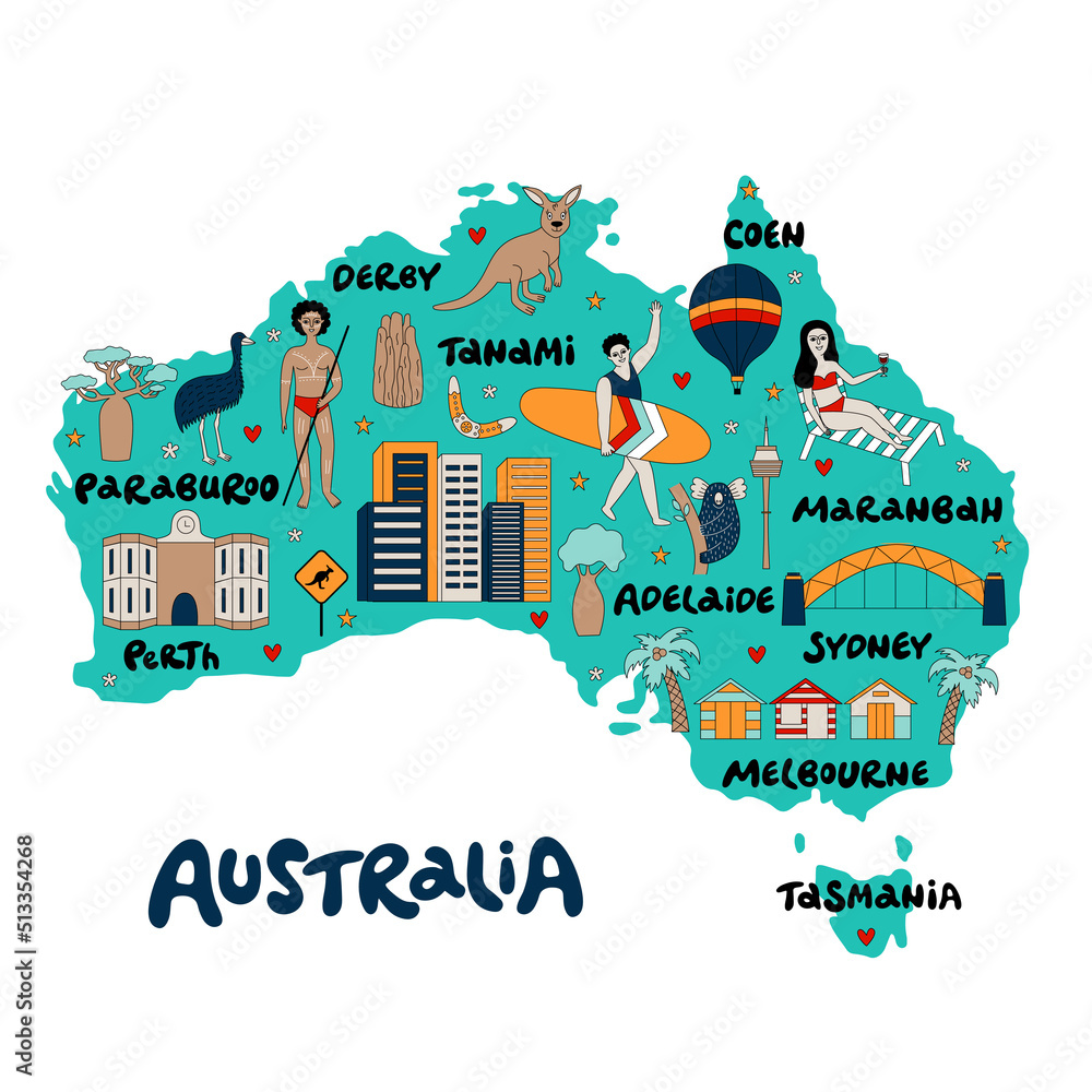 Map of Australia with its architecture, culture, and Australian people ...