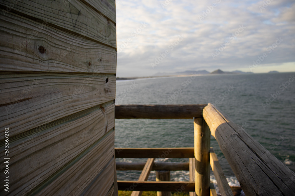 Ocean at the wooden whale observatory at Gamboa beach in Garopaba Santa ...