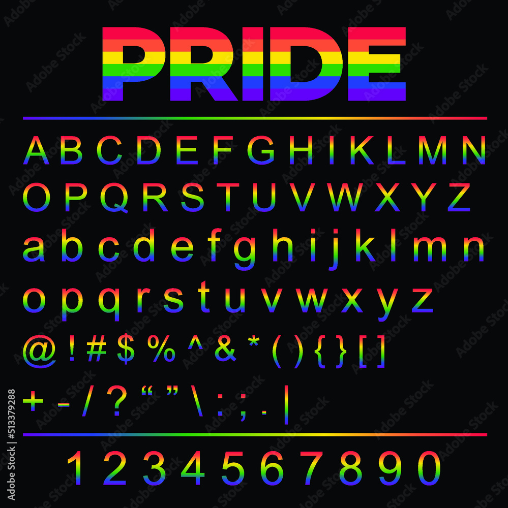 Pride Alphabet Regular Font Colorful Vector. LGBT rainbow flag colors ...
