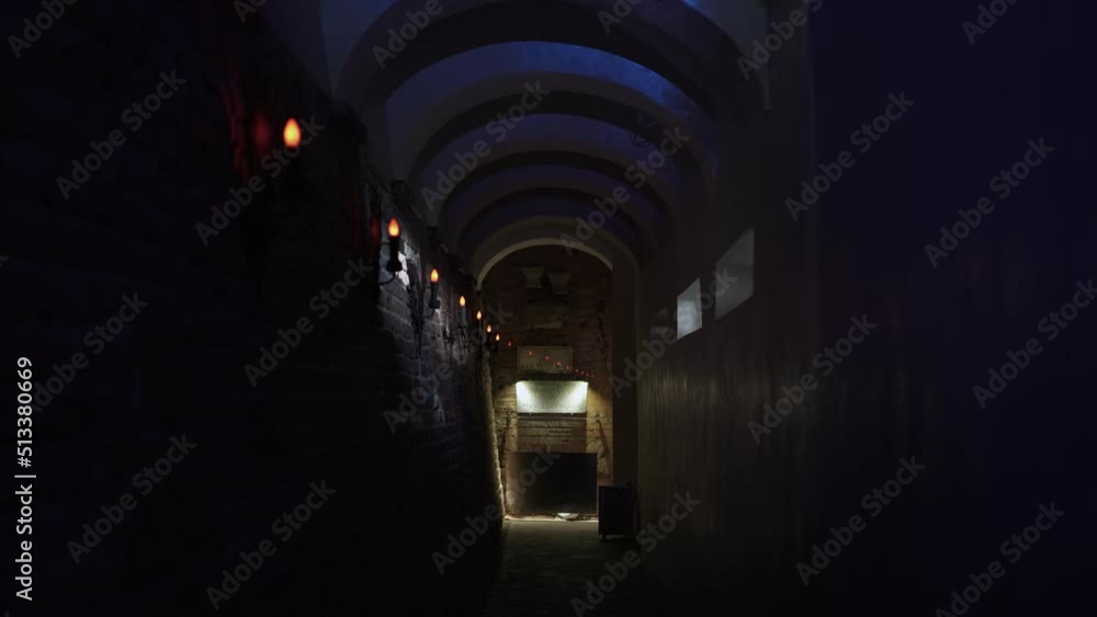 Dark antique brick corridor with dim lighting and vaulted ceiling in ...