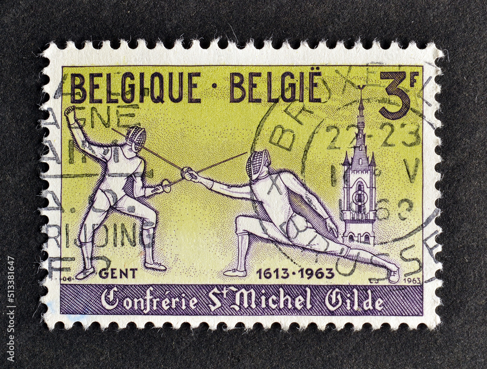 Cancelled postage stamp printed by Belgium, that shows Fencing, 350th ...