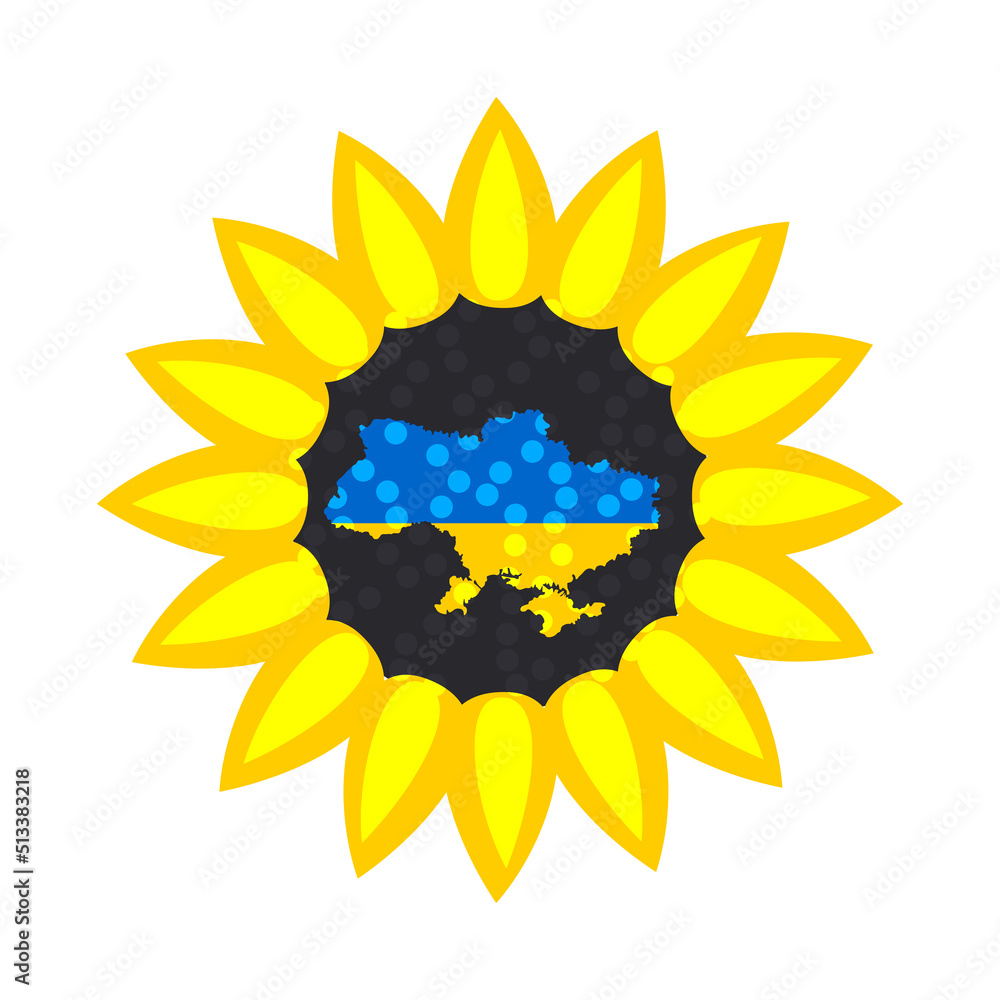 Sunflower on a white background with a map of Ukraine inside. The ...