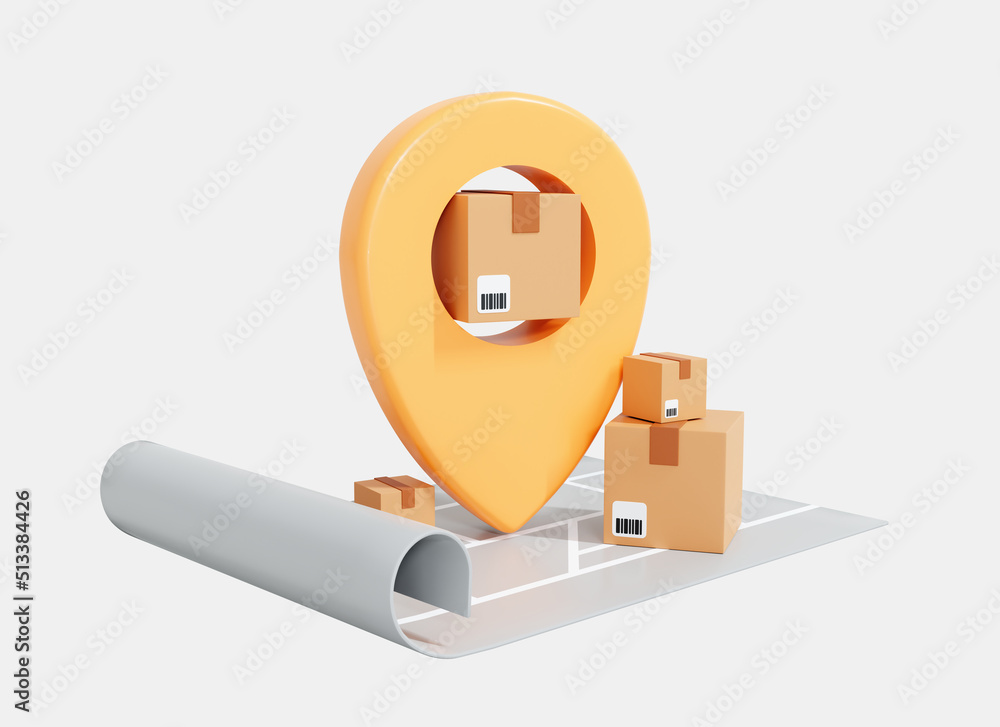 3D Online order tracking. Location mark on map and cardboard boxes ...