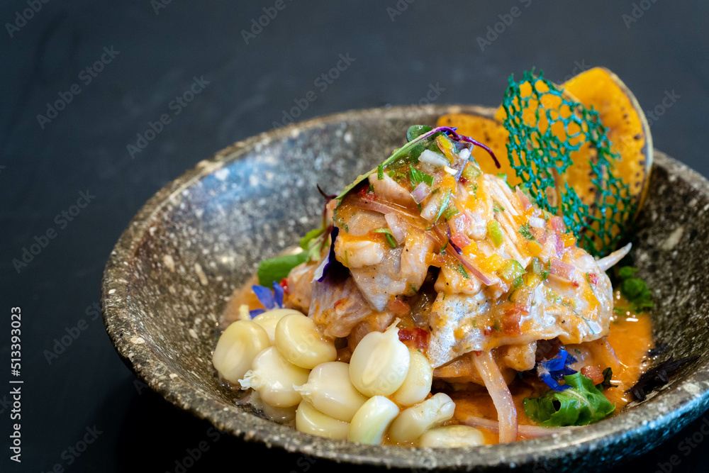 Comida típica del Perú, ceviche de trucha. Stock Photo | Adobe Stock