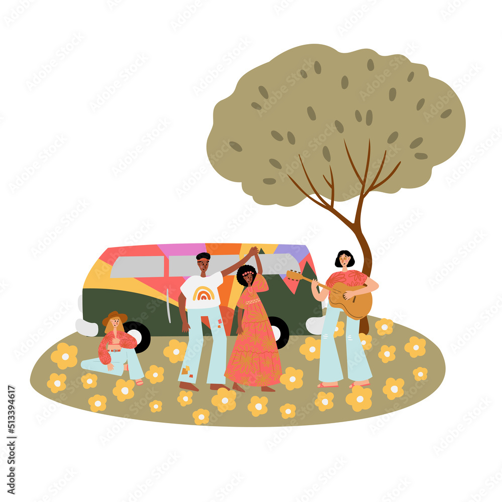 groovy hippie vector illustration clipart, retro 70s hippy bus van road ...