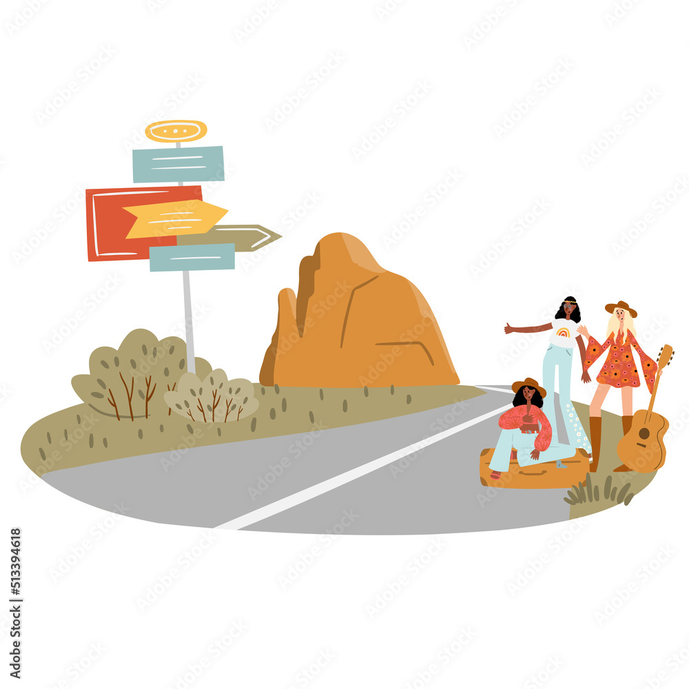 groovy hippie vector illustration clipart, retro 70s hippy bus van road ...