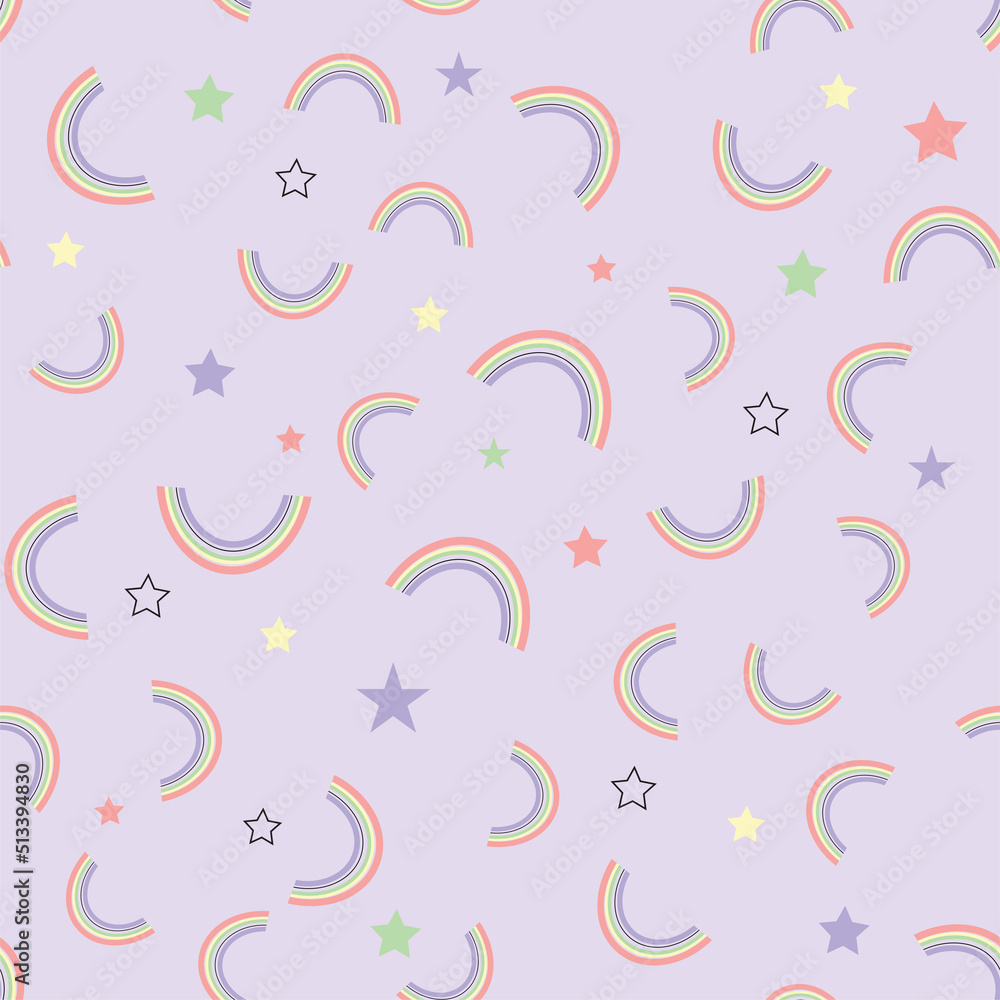 Seamless baby pattern with hand drawn rainbows and stars on a violet ...