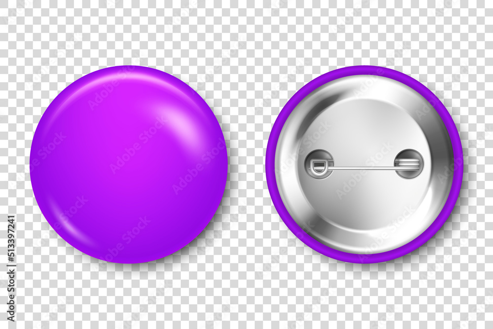 Realistic purple blank badge isolated on transparent background. Glossy ...