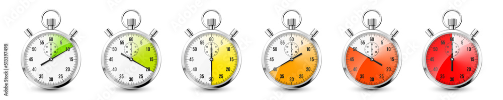 Realistic Classic Stopwatch Icons Shiny Metal Chronometer Time
