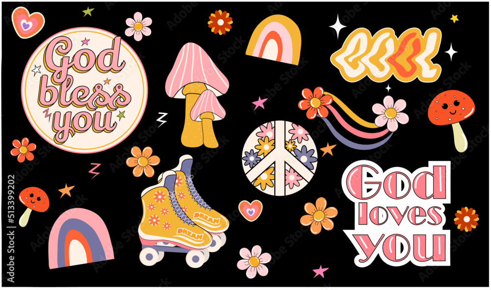 Sets of icons in the style of the 70s. Vector stock illustration. Black ...