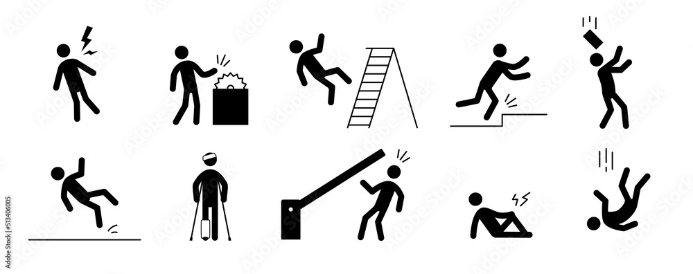 Accident pictogram man icon. Work safety, injury caution, hazard ...
