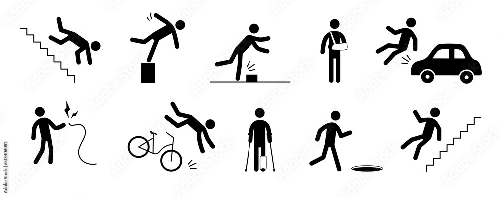 Accident pictogram man icon. Work safety, injury caution, hazard ...