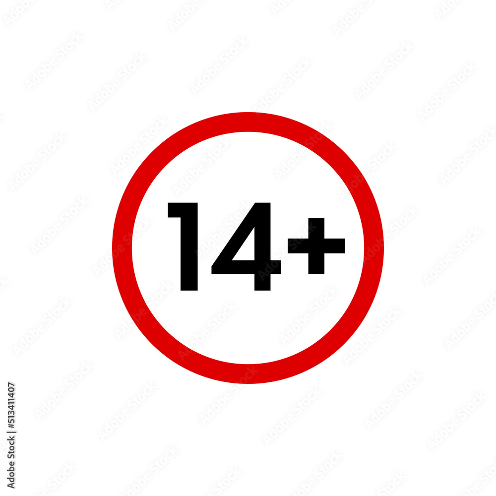 Fourteen plus icon, under 14 years old prohibition sign, age restriction symbol isolated on ...