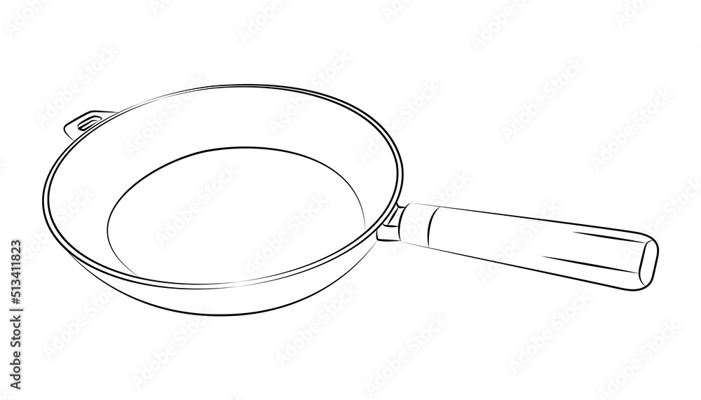 Round deep frying pan. Cast iron skillet with wooden handle. Ecological ...