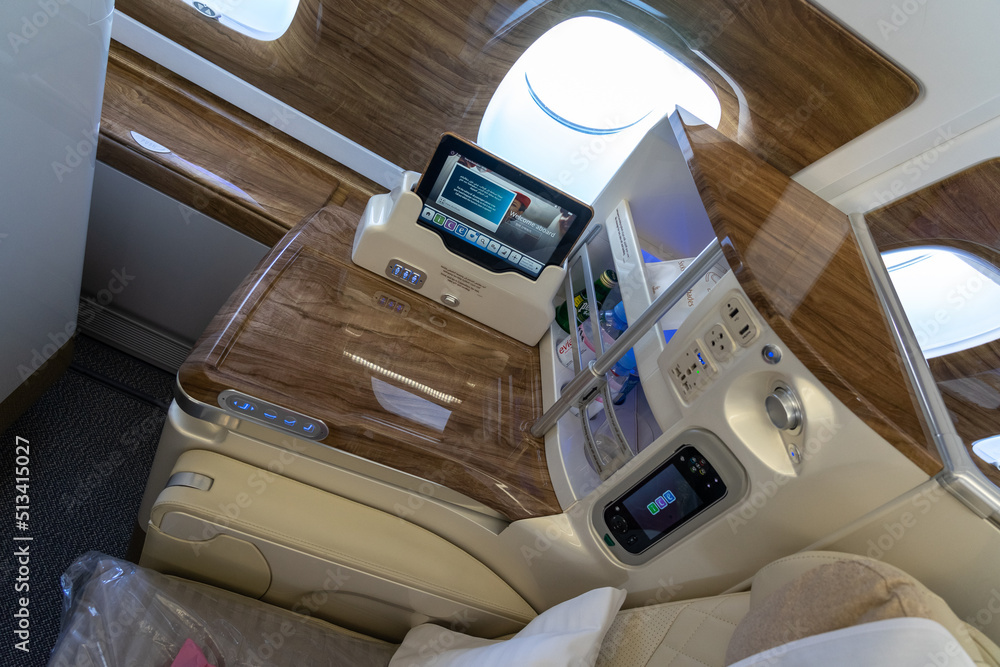 BERLIN, GERMANY - JUNE 23, 2022: Interior of business class of the ...