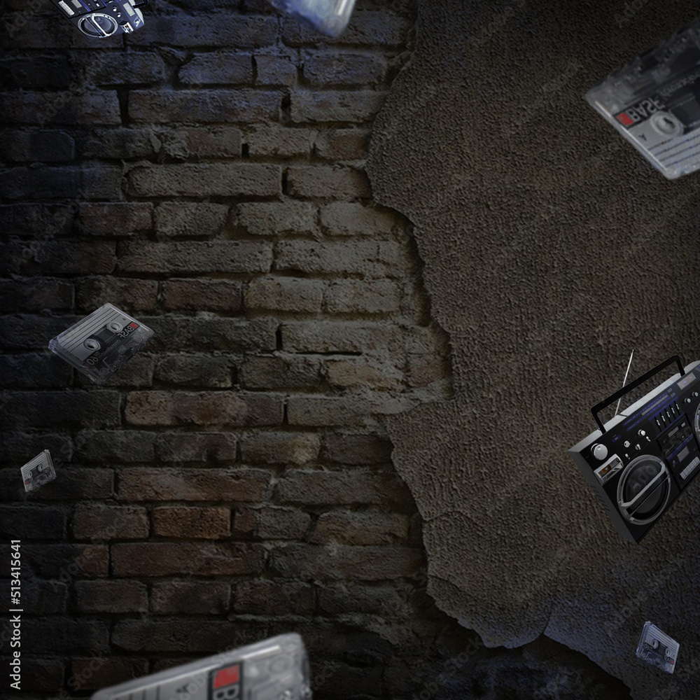 Fondo para edición o fotomontaje con cassete y radios clásicos, pared ...