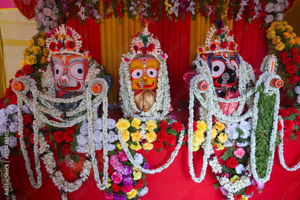 Idols of God Jagannath, Balaram and Goddess Suvadra. Lord Jagannath is ...