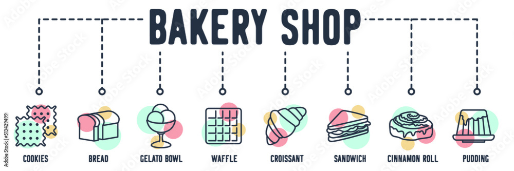 Bakery Shop banner web icon. cookies, bread, gelato bowl, waffle ...