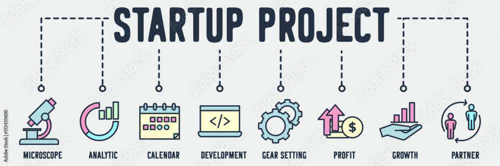 Startup project banner web icon. microscope, analytic, calendar ...