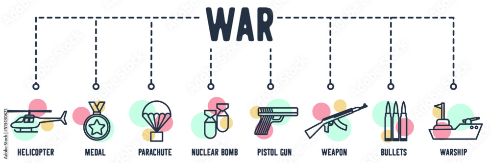 Set of army banner web icon. helicopter, medal, parachute, Nuclear bomb ...