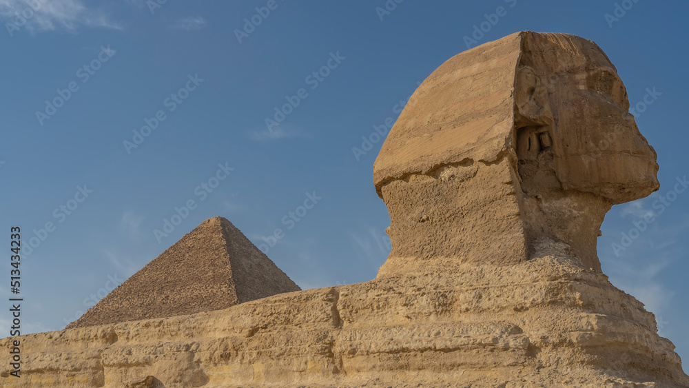Sculpture of the Great Sphinx. Close-up. Profile view. The head and ...