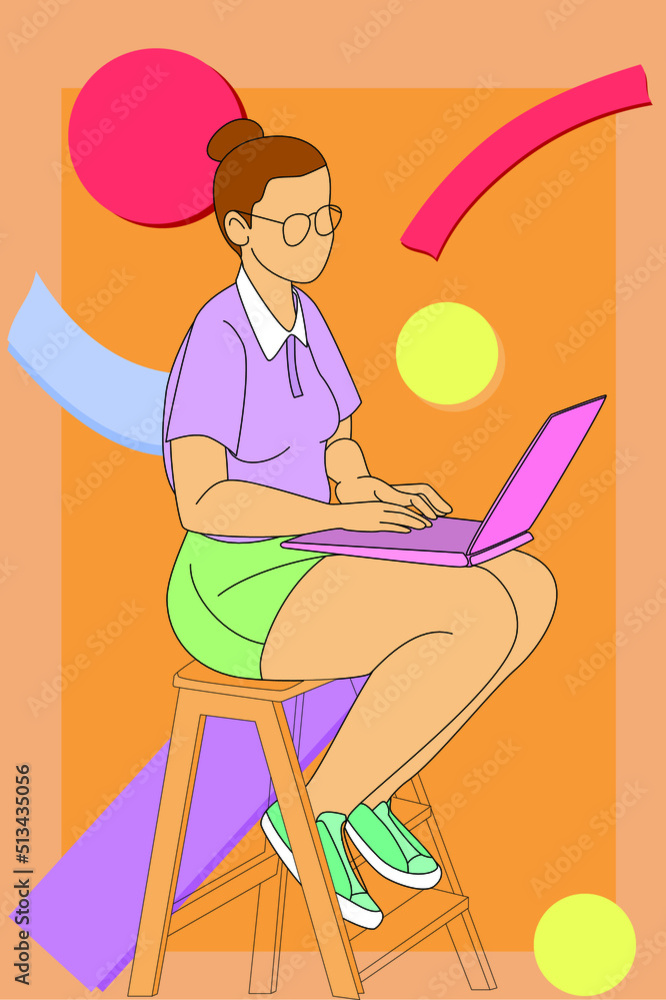 Glasses girl sitting on a ladder operating a computer, cartoon Stock ...