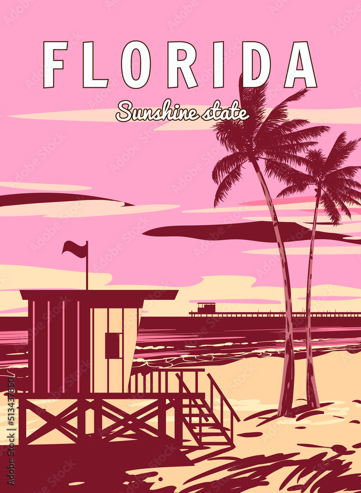 Retro Poster Florida Beach. Lifeguard house on the beach, palm, coast ...