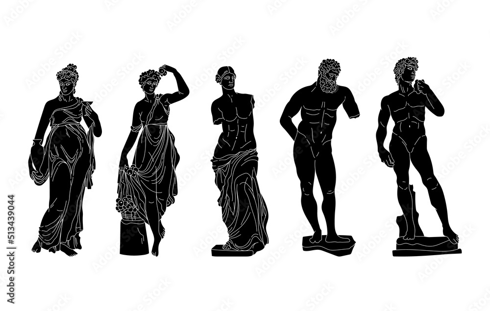Ancient Greek solid black full body sculptures of gods, goddess and ...
